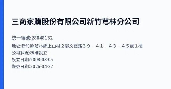 三商家購股份有限公司新竹芎林分公司的照片-統編 28848132(新竹縣) 公司登記資料與營業項目詳細圖表