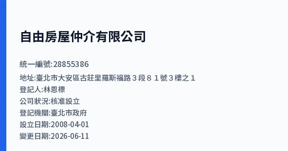 自由房屋仲介有限公司的照片-統編 28855386(臺北市) 公司登記資料與營業項目詳細圖表