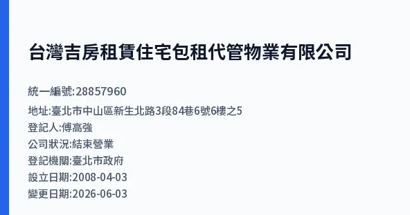 台灣吉房租賃住宅包租代管物業有限公司的照片-統編 28857960(臺北市) 公司登記資料與營業項目詳細圖表