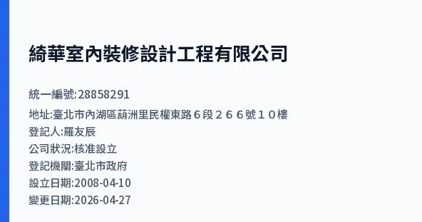 綺華室內裝修設計工程有限公司的照片-統編 28858291(臺北市) 公司登記資料與營業項目詳細圖表
