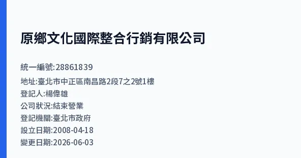 原鄉文化國際整合行銷有限公司的照片-統編 28861839(臺北市) 公司登記資料與營業項目詳細圖表
