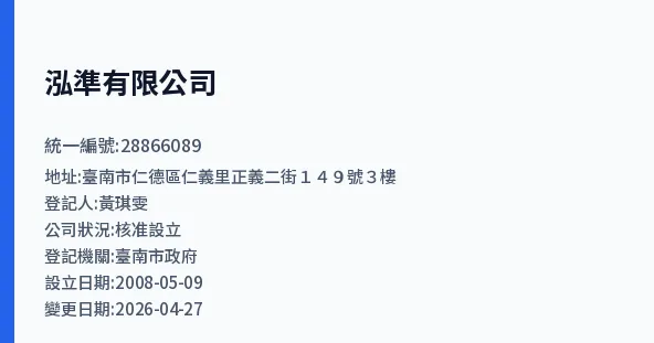 泓準有限公司的照片-統編 28866089(臺南市) 公司登記資料與營業項目詳細圖表