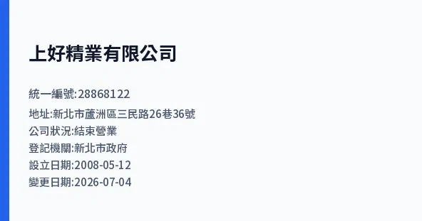 上好精業有限公司的照片-統編 28868122(新北市) 公司登記資料與營業項目詳細圖表