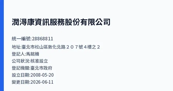潤淂康資訊服務股份有限公司的照片-統編 28868811(臺北市) 公司登記資料與營業項目詳細圖表