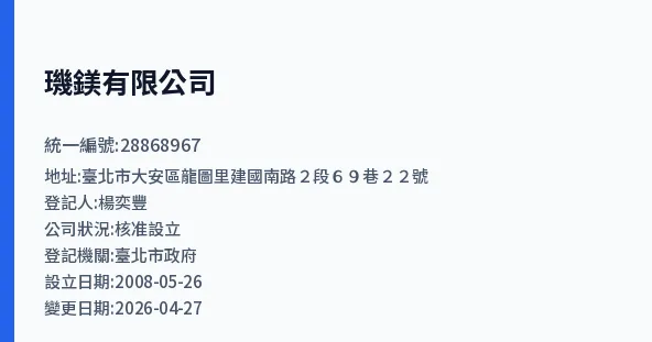 璣鎂有限公司的照片-統編 28868967(臺北市) 公司登記資料與營業項目詳細圖表
