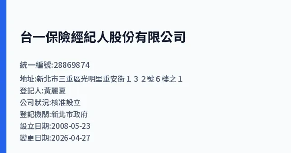 台一保險經紀人股份有限公司的照片-統編 28869874(新北市) 公司登記資料與營業項目詳細圖表