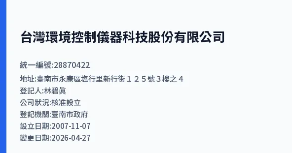 台灣環境控制儀器科技股份有限公司的照片-統編 28870422(臺南市) 公司登記資料與營業項目詳細圖表