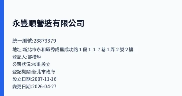永豐順營造有限公司的照片-統編 28873379(新北市) 公司登記資料與營業項目詳細圖表