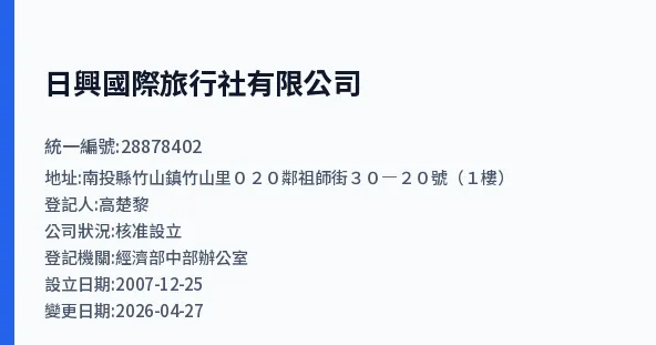 日興國際旅行社有限公司的照片-統編 28878402(南投縣) 公司登記資料與營業項目詳細圖表