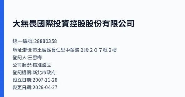 大無畏國際投資控股股份有限公司的照片-統編 28880358(新北市) 公司登記資料與營業項目詳細圖表
