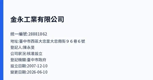 金永工業有限公司的照片-統編 28881862(臺中市) 公司登記資料與營業項目詳細圖表