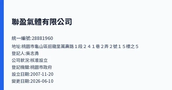 聯盈氣體有限公司的照片-統編 28881960(桃園市) 公司登記資料與營業項目詳細圖表