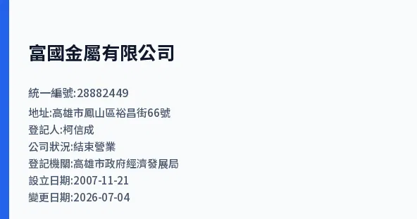 富國金屬有限公司的照片-統編 28882449(高雄市) 公司登記資料與營業項目詳細圖表