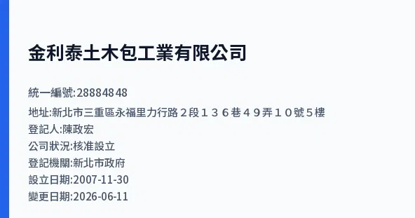 金利泰土木包工業有限公司的照片-統編 28884848(新北市) 公司登記資料與營業項目詳細圖表