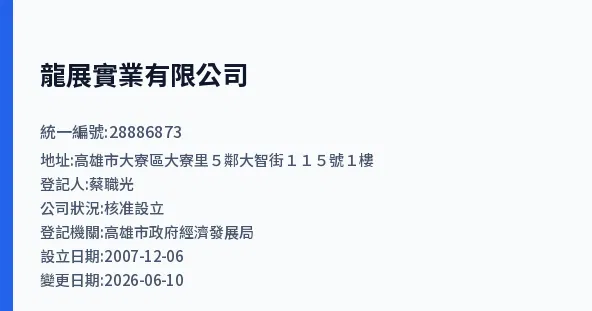 龍展實業有限公司的照片-統編 28886873(高雄市) 公司登記資料與營業項目詳細圖表