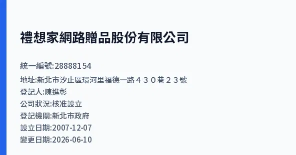 禮想家網路贈品股份有限公司的照片-統編 28888154(新北市) 公司登記資料與營業項目詳細圖表