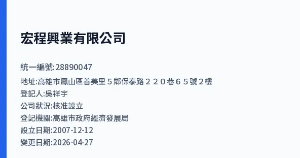 宏程興業有限公司的照片-統編 28890047(高雄市) 公司登記資料與營業項目詳細圖表