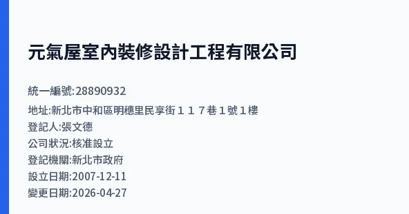 元氣屋室內裝修設計工程有限公司的照片-統編 28890932(新北市) 公司登記資料與營業項目詳細圖表