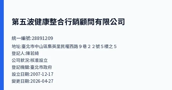 第五波健康整合行銷顧問有限公司的照片-統編 28891209(臺北市) 公司登記資料與營業項目詳細圖表