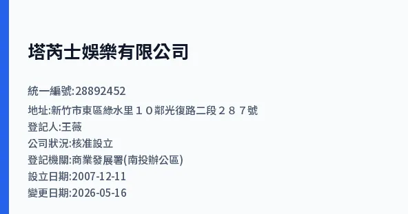 塔芮士娛樂有限公司的照片-統編 28892452(新竹市) 公司登記資料與營業項目詳細圖表