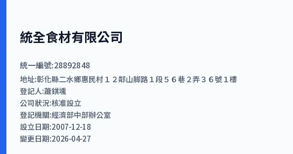 統全食材有限公司的照片-統編 28892848(彰化縣) 公司登記資料與營業項目詳細圖表