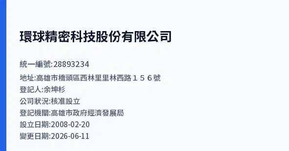 環球精密科技股份有限公司的照片-統編 28893234(高雄市) 公司登記資料與營業項目詳細圖表