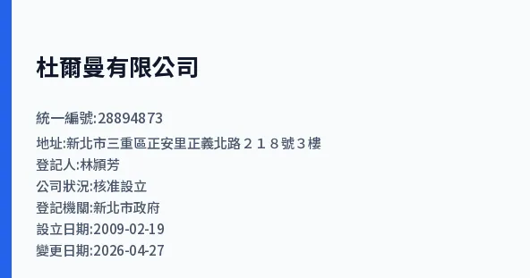 杜爾曼有限公司的照片-統編 28894873(新北市) 公司登記資料與營業項目詳細圖表