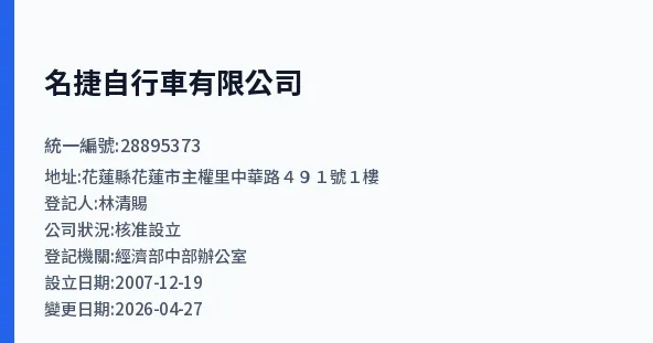 名捷自行車有限公司的照片-統編 28895373(花蓮縣) 公司登記資料與營業項目詳細圖表
