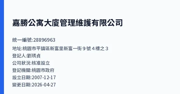 嘉勝公寓大廈管理維護有限公司的照片-統編 28896963(桃園市) 公司登記資料與營業項目詳細圖表
