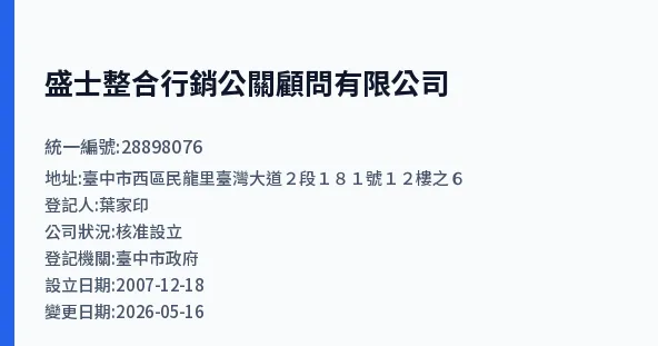 盛士整合行銷公關顧問有限公司的照片-統編 28898076(臺中市) 公司登記資料與營業項目詳細圖表