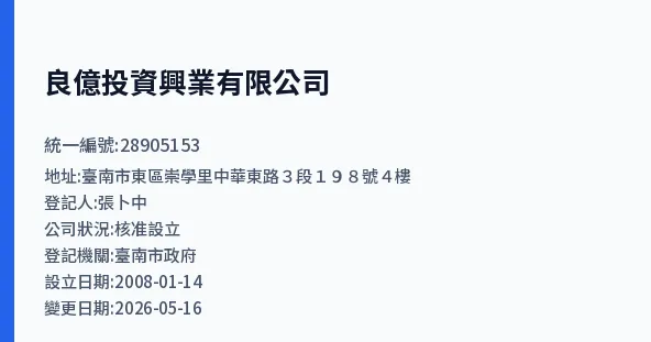 良億投資興業有限公司的照片-統編 28905153(臺南市) 公司登記資料與營業項目詳細圖表
