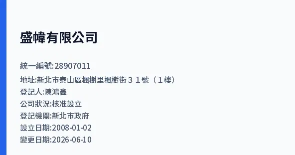 盛幃有限公司的照片-統編 28907011(新北市) 公司登記資料與營業項目詳細圖表
