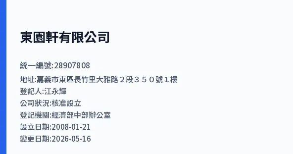 東園軒有限公司的照片-統編 28907808(嘉義市) 公司登記資料與營業項目詳細圖表