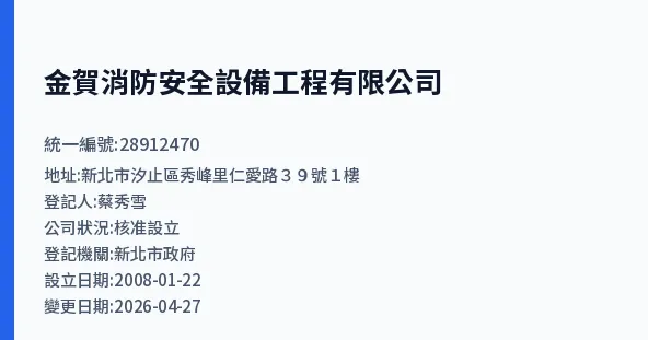金賀消防安全設備工程有限公司的照片-統編 28912470(新北市) 公司登記資料與營業項目詳細圖表