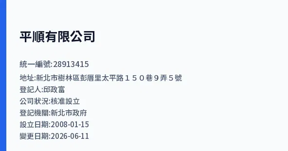 平順有限公司的照片-統編 28913415(新北市) 公司登記資料與營業項目詳細圖表