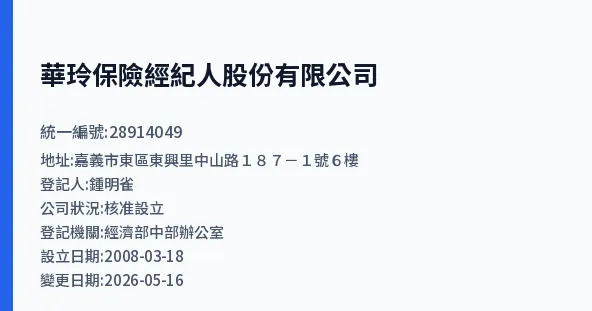 華玲保險經紀人股份有限公司的照片-統編 28914049(嘉義市) 公司登記資料與營業項目詳細圖表