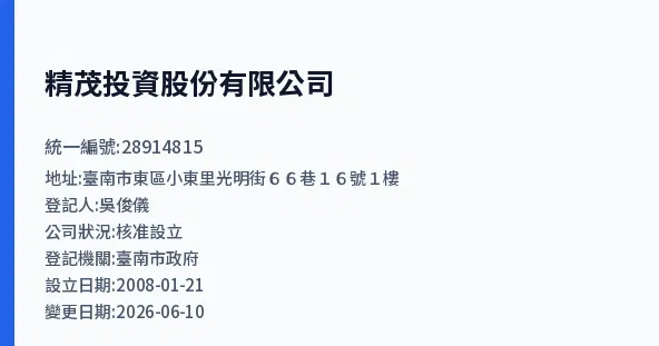 精茂投資股份有限公司的照片-統編 28914815(臺南市) 公司登記資料與營業項目詳細圖表