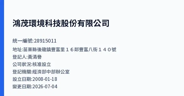 鴻茂環境科技股份有限公司的照片-統編 28915011(苗栗縣) 公司登記資料與營業項目詳細圖表