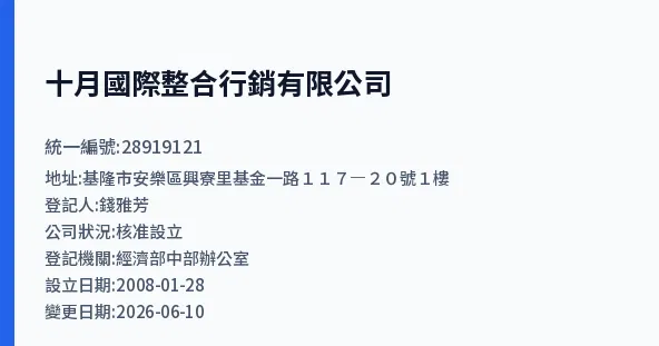 十月國際整合行銷有限公司的照片-統編 28919121(基隆市) 公司登記資料與營業項目詳細圖表