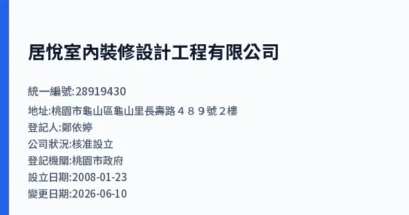 居悅室內裝修設計工程有限公司的照片-統編 28919430(桃園市) 公司登記資料與營業項目詳細圖表