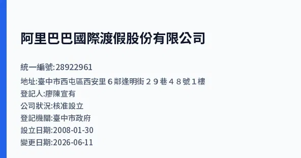 阿里巴巴國際渡假股份有限公司的照片-統編 28922961(臺中市) 公司登記資料與營業項目詳細圖表