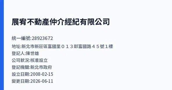 展宥不動產仲介經紀有限公司的照片-統編 28923672(新北市) 公司登記資料與營業項目詳細圖表