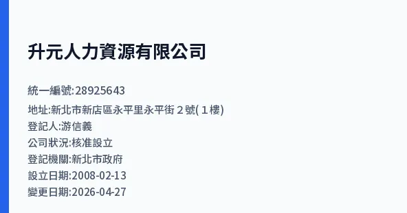 升元人力資源有限公司的照片-統編 28925643(新北市) 公司登記資料與營業項目詳細圖表