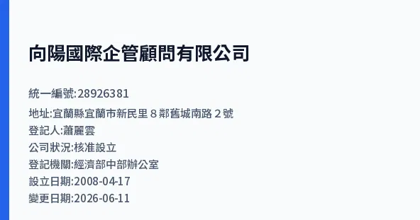 向陽國際企管顧問有限公司的照片-統編 28926381(宜蘭縣) 公司登記資料與營業項目詳細圖表