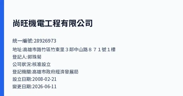 尚旺機電工程有限公司的照片-統編 28926973(高雄市) 公司登記資料與營業項目詳細圖表