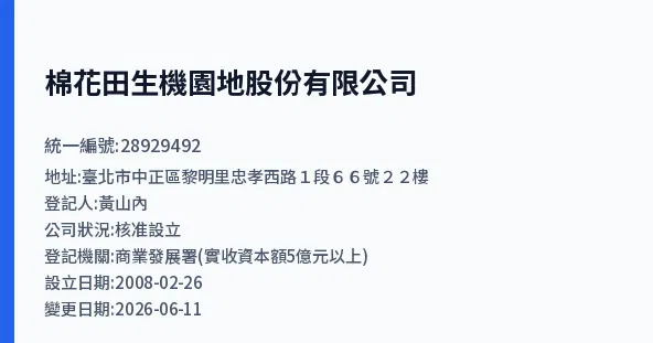 棉花田生機園地股份有限公司的照片-統編 28929492(臺北市) 公司登記資料與營業項目詳細圖表
