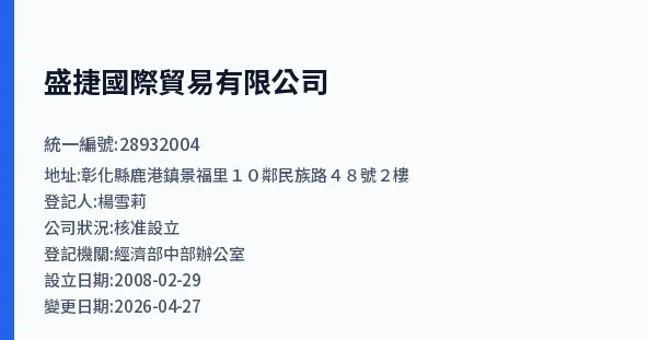 盛捷國際貿易有限公司的照片-統編 28932004(彰化縣) 公司登記資料與營業項目詳細圖表