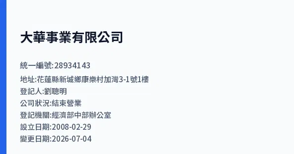 大華事業有限公司的照片-統編 28934143(花蓮縣) 公司登記資料與營業項目詳細圖表