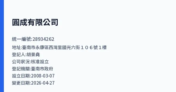 圓成有限公司的照片-統編 28934262(臺南市) 公司登記資料與營業項目詳細圖表