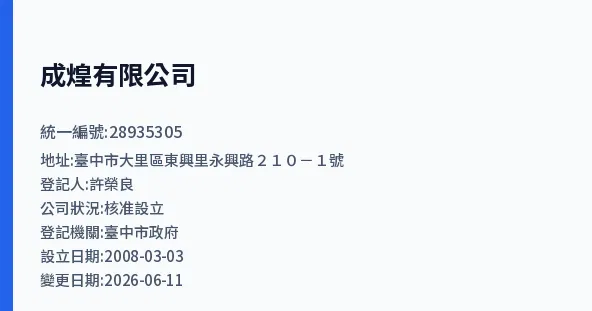 成煌有限公司的照片-統編 28935305(臺中市) 公司登記資料與營業項目詳細圖表